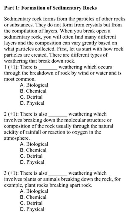 Solved Part 1: Formation of Sedimentary Rocks Sedimentary | Chegg.com