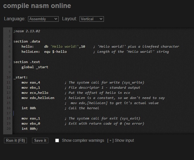 compile nasm online Language: Assembly Layout: | Chegg.com