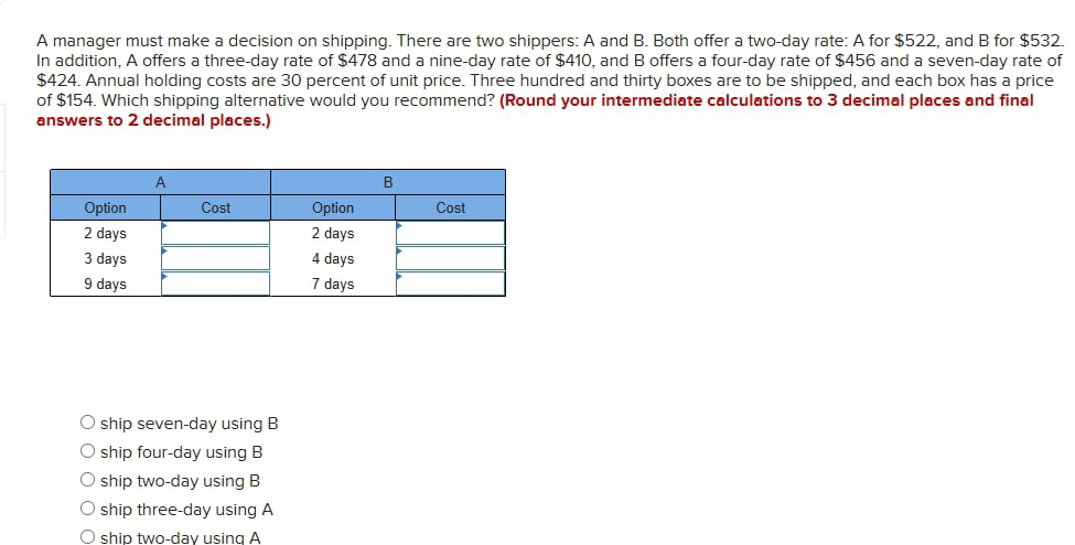 Solved A manager must make a decision on shipping. There are | Chegg.com