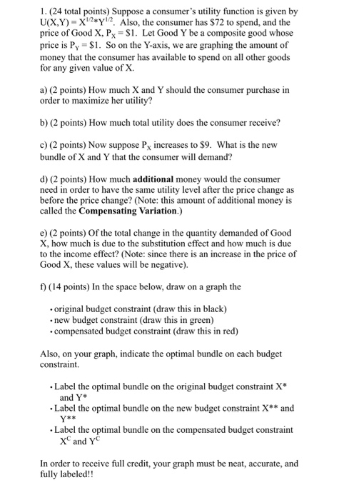 Solved 1. (24 total points) Suppose a consumer's utility | Chegg.com