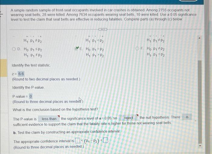 Solved A simple random sample of front-seat occupants | Chegg.com