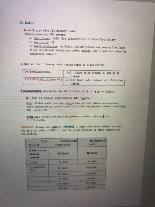 Solved 3) Color We will play with PS1 prompt's color. Please | Chegg.com