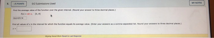 Solved #5find average value of the function iver rhe given | Chegg.com