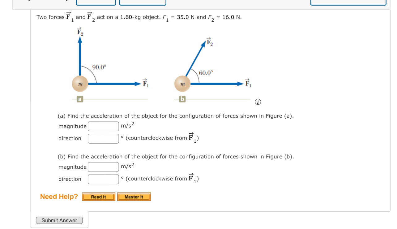 Solved Two forces vec(F)1 ﻿and vec(F)2 ﻿act on a 1.60-kg | Chegg.com