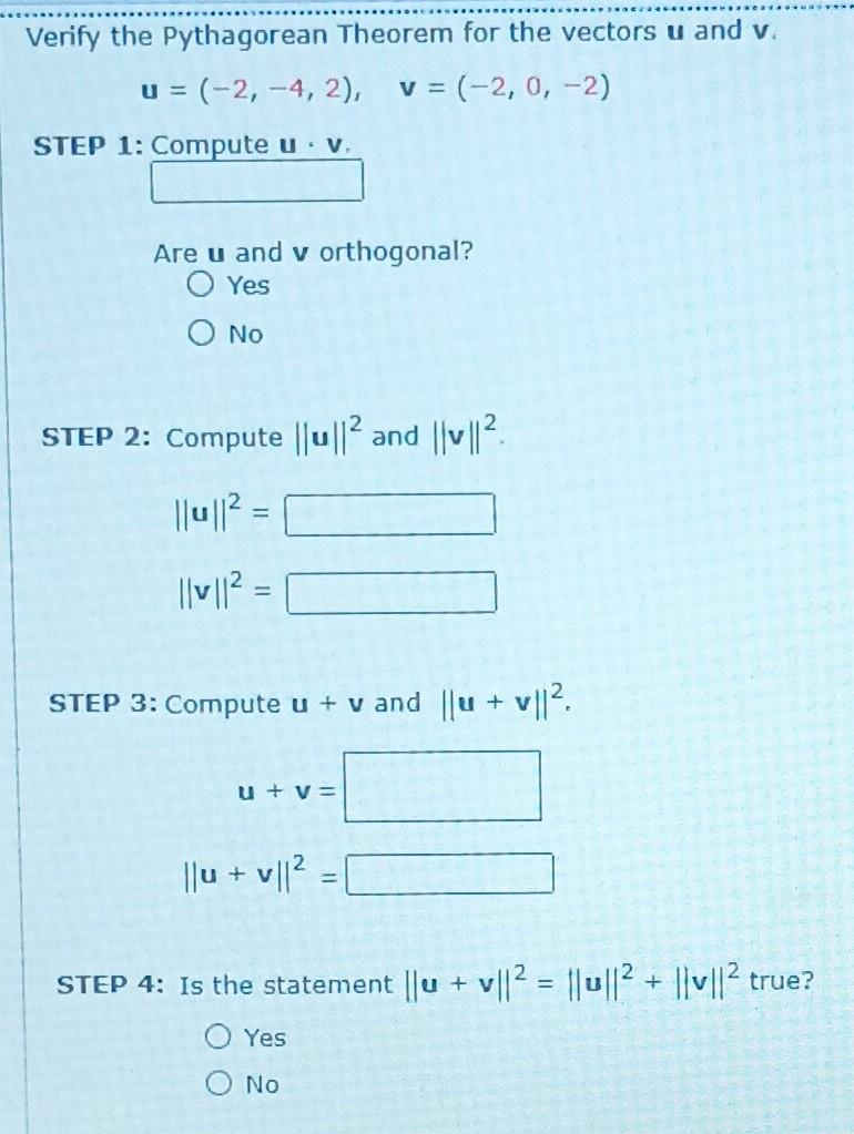 Solved Verify the Pythagorean Theorem for the vectors u and | Chegg.com