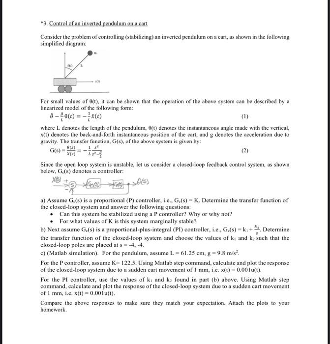 Solved *3. Control of an inverted pendulum on a cart | Chegg.com