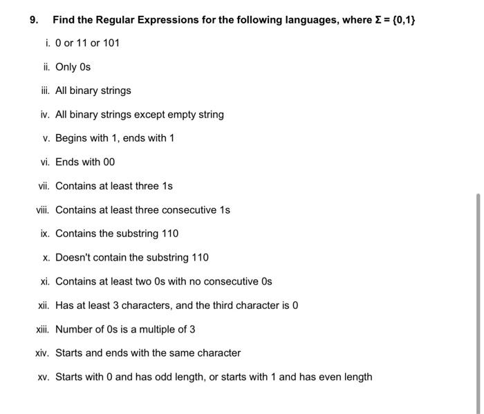 Solved 9. Find the Regular Expressions for the following | Chegg.com