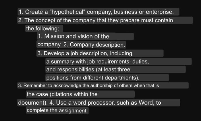 Solved 1. Create a "hypothetical" company, business or | Chegg.com