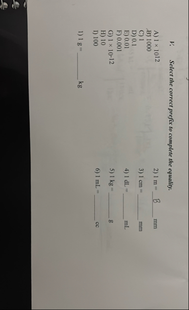 Solved V. ﻿Select the correct prefix to complete the | Chegg.com