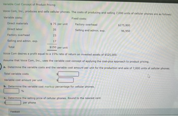 Solved Variable Cost Concept of Product Pricing Voice Com, | Chegg.com