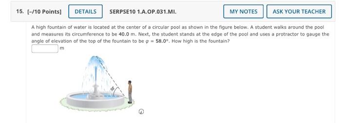 Solved A high fountain of water is located at the center of | Chegg.com