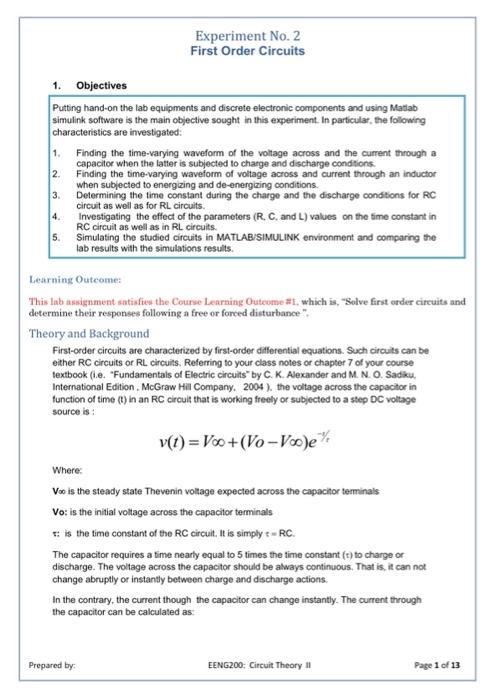 Solved Experiment No. 2 First Order Circuits 1. Objectives | Chegg.com