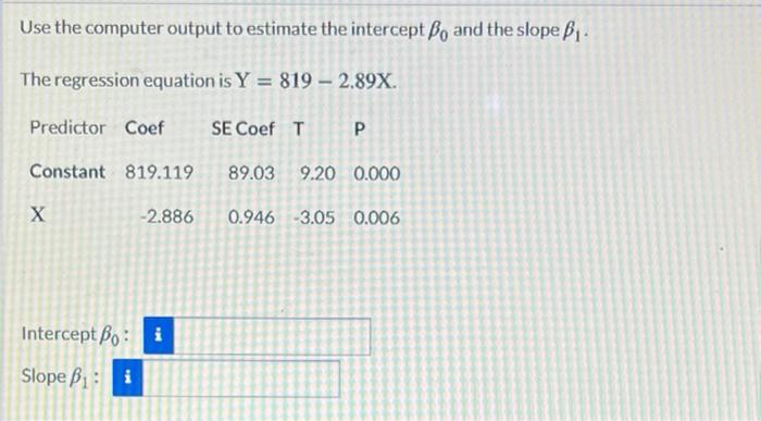 Solved Use the computer output to estimate the intercept Bo | Chegg.com