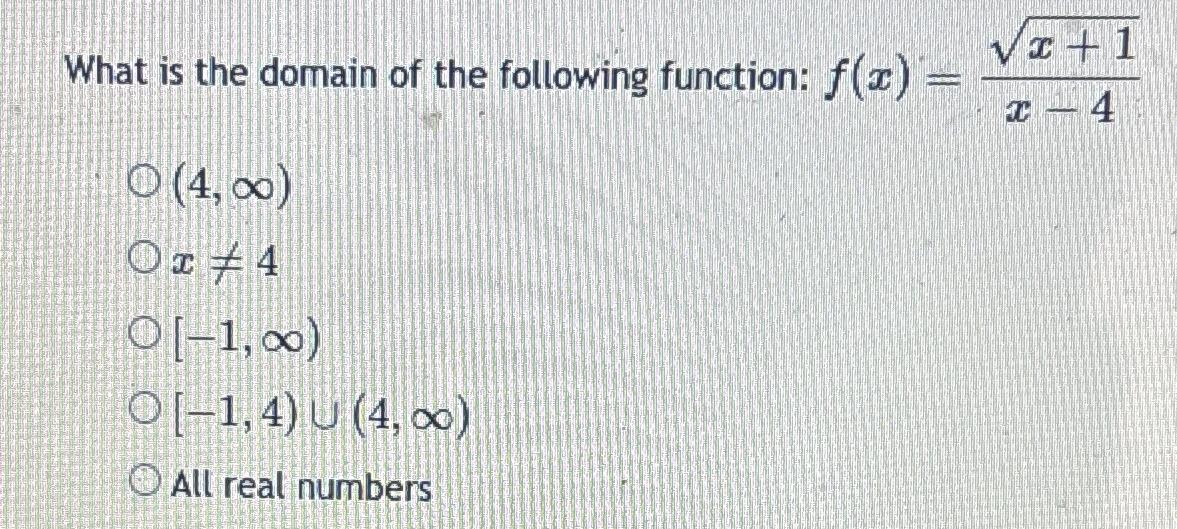 Solved What is the domain of the following function: | Chegg.com