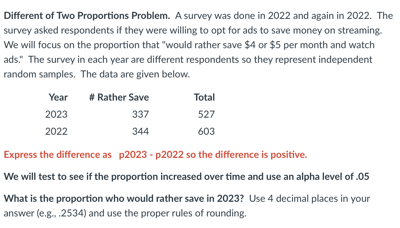 Solved Different of Two Proportions Problem. A survey was | Chegg.com