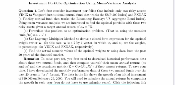 Investment Portfolio Optimization Using Mean-Variance | Chegg.com