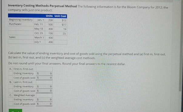 Solved Inventory Costing Methods-Perpetual Method The | Chegg.com