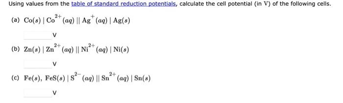 Solved Using values from the table of standard reduction | Chegg.com