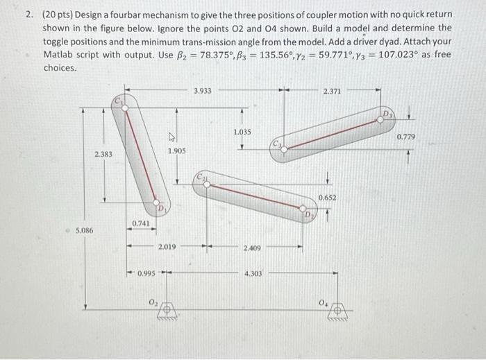 Solved 2. (20 pts) Design a fourbar mechanism to give the | Chegg.com