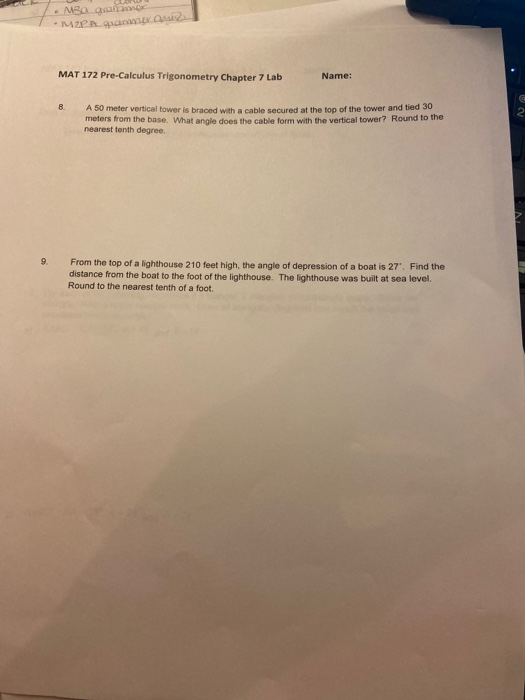 MAT 172 Pre-Calculus Trigonometry Chapter 7 Lab Name: | Chegg.com