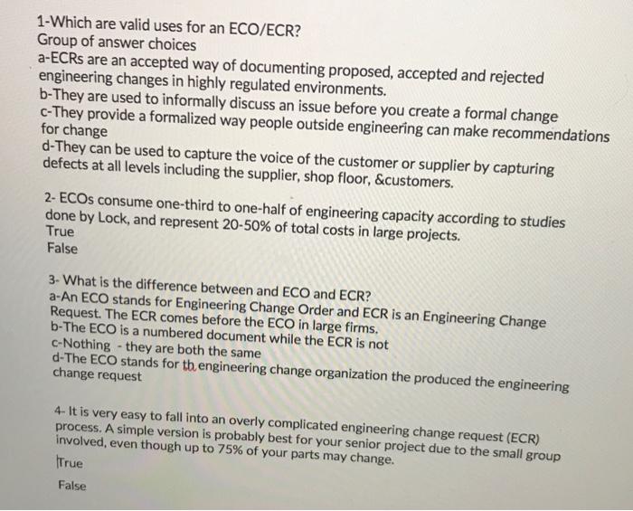 Solved 1-Which are valid uses for an ECO/ECR? Group of | Chegg.com