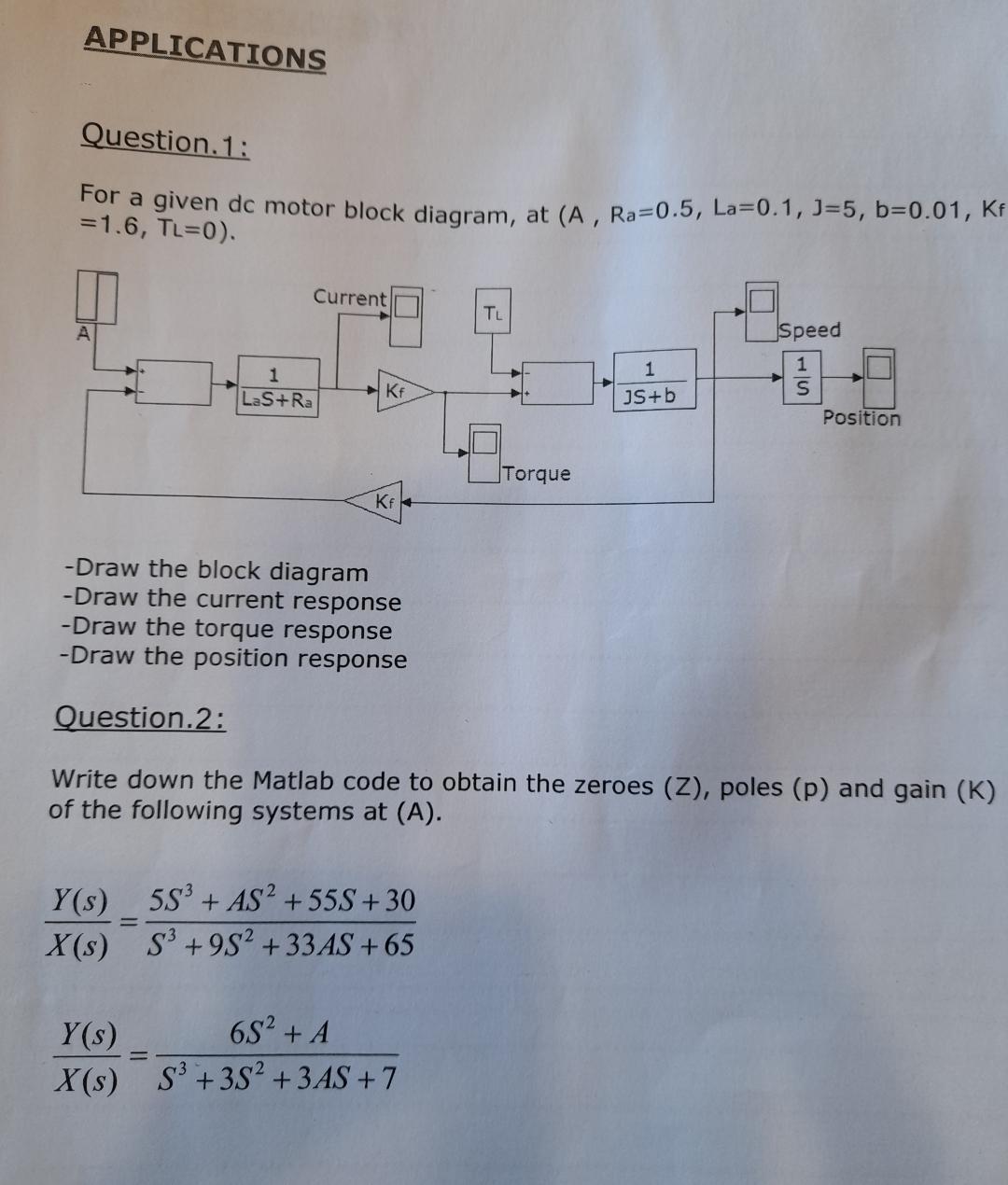 Solved APPLICATIONSQuestion. 1:For a given dc motor block | Chegg.com