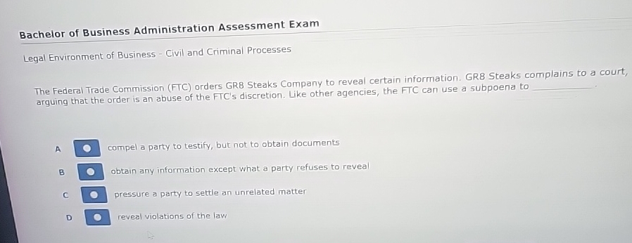 Solved Bachelor of Business Administration Assessment | Chegg.com