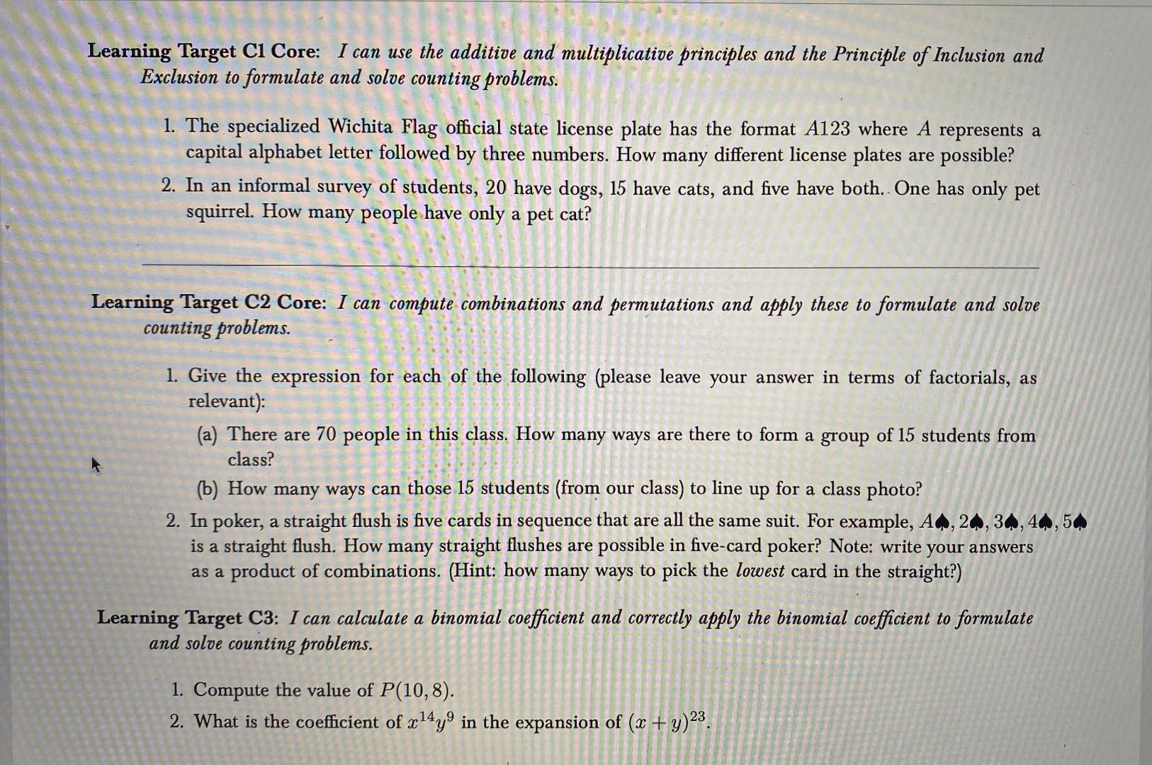 Solved Learning Target C1 Core: I can use the additive and | Chegg.com