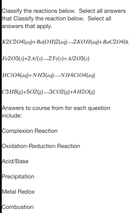 Solved Classify the reactions below. Select all answers | Chegg.com