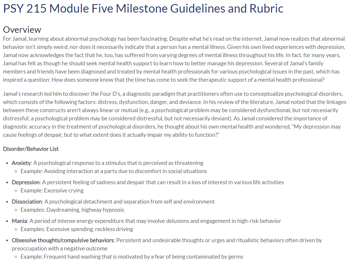 Solved PSY 215 ﻿Module Five Milestone Guidelines and | Chegg.com