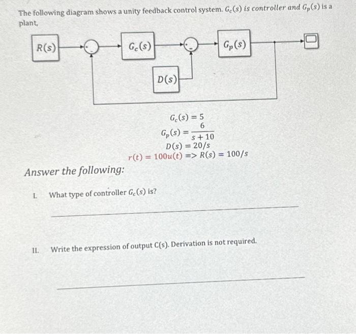 Solved The following diagram shows a unity feedback control | Chegg.com