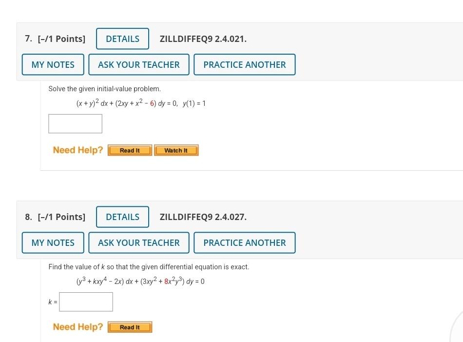 Solved /1 Points] ZILLDIFFEQ9 2.4.021. Solve the given | Chegg.com