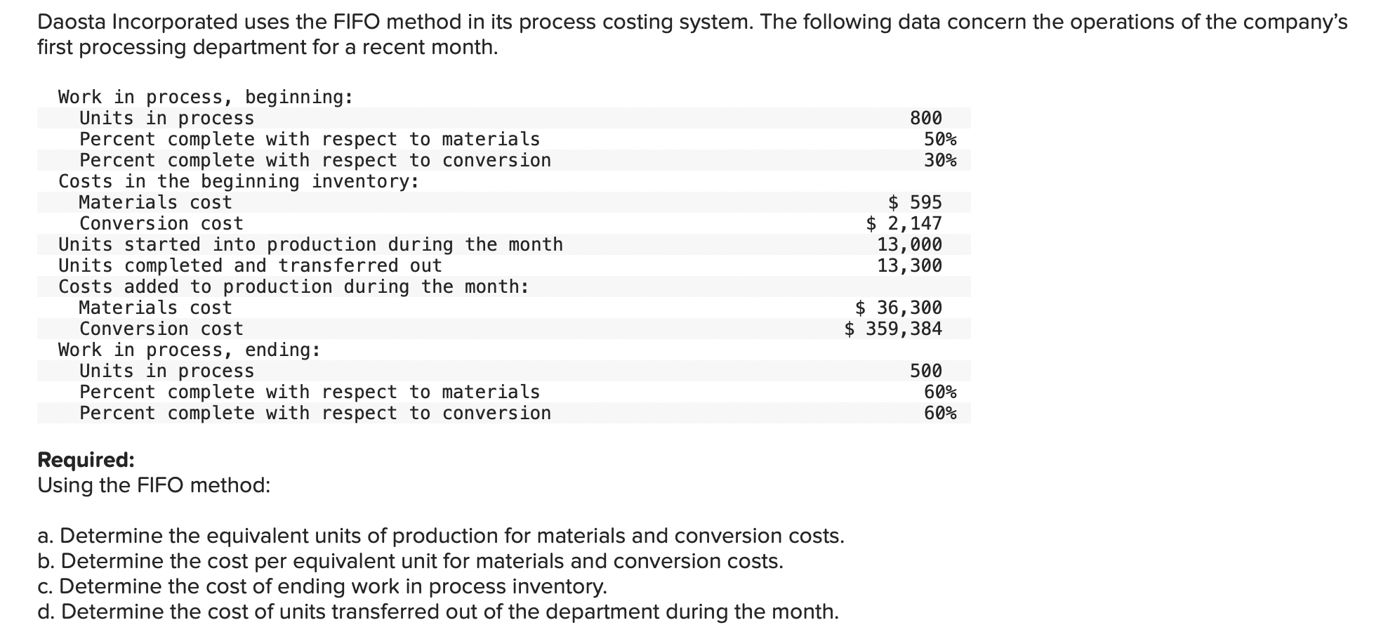 Solved Daosta Incorporated uses the FIFO method in its | Chegg.com