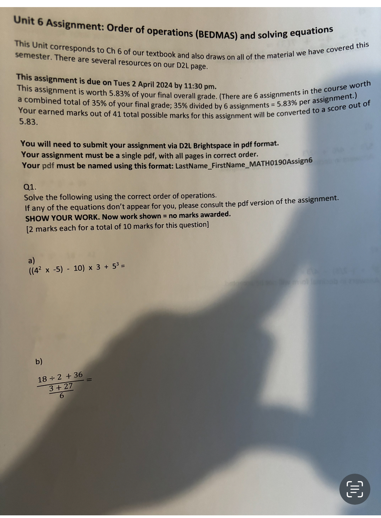 Solved Unit 6 ﻿Assignment: Order of operations (BEDMAS) ﻿and | Chegg.com