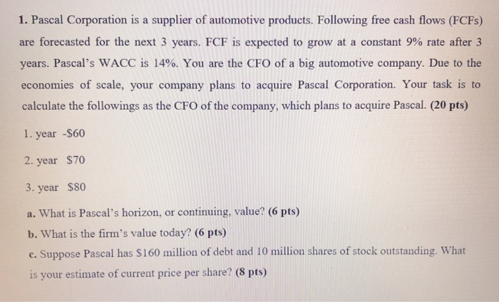 Solved 1. Pascal Corporation is a supplier of automotive | Chegg.com