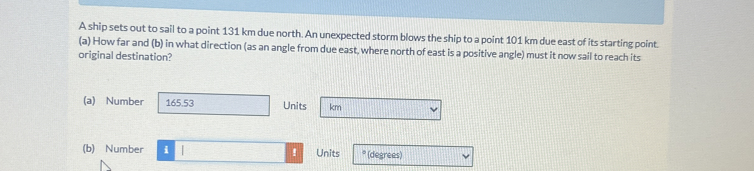 Solved A ship sets out to sail to a point 131 ﻿km due north. | Chegg.com