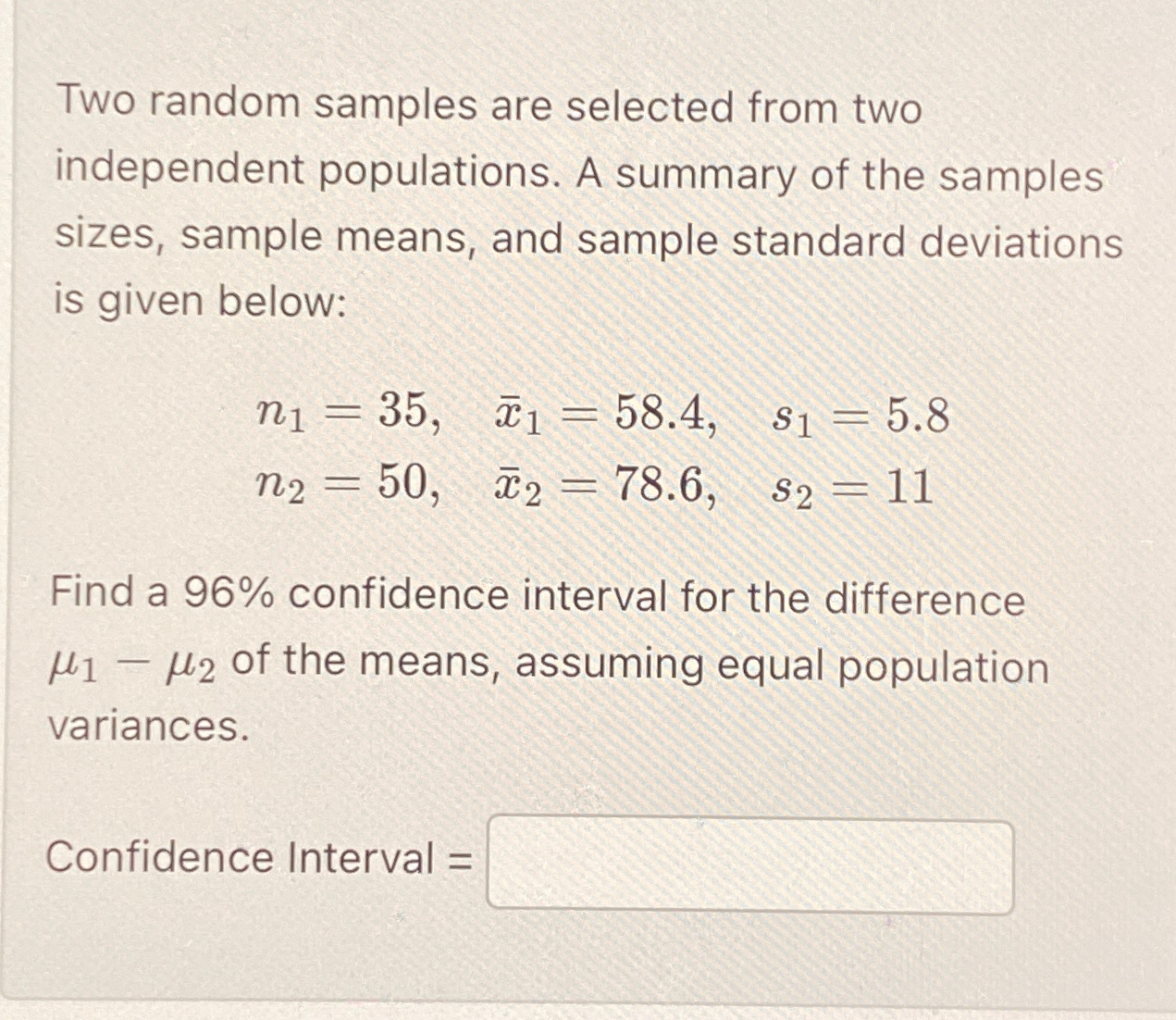 Solved Two random samples are selected from two independent | Chegg.com