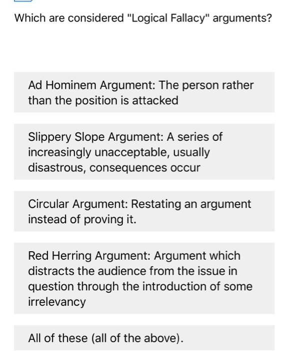 Solved Which are considered "Logical Fallacy" arguments? Ad | Chegg.com