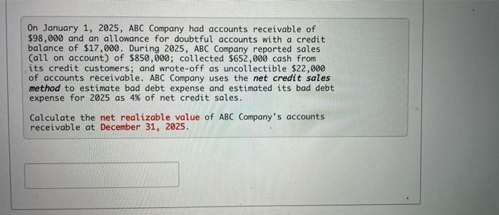 Solved On January 1, 2025, ABC Company had accounts | Chegg.com