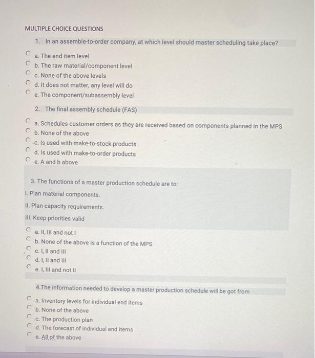 Solved MULTIPLE CHOICE QUESTIONS 1. In an assemble-to-order | Chegg.com