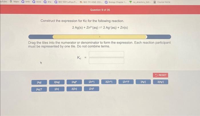 Solved Construct the expression for Kc for the following | Chegg.com