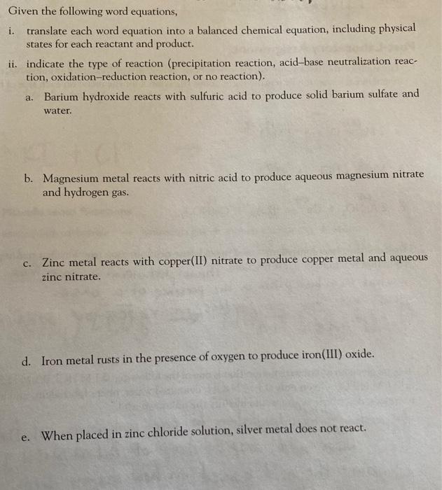 Solved Given the following word equations, i. translate each | Chegg.com