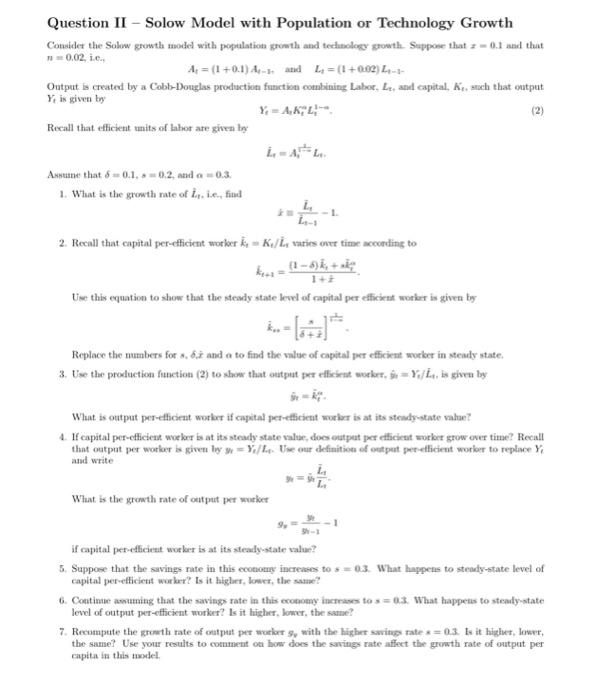 Solved Question II - Solow Model with Population or | Chegg.com