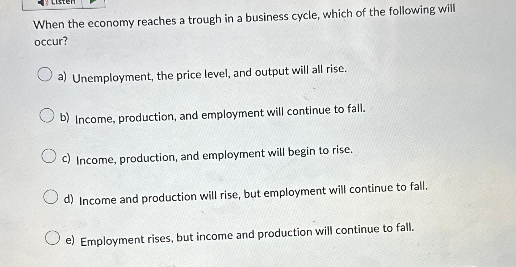 Solved When the economy reaches a trough in a business | Chegg.com