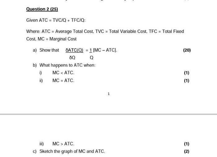 Solved Question 2 (25) Given ATC = TVC/Q + TFC/Q: Where: ATC | Chegg.com