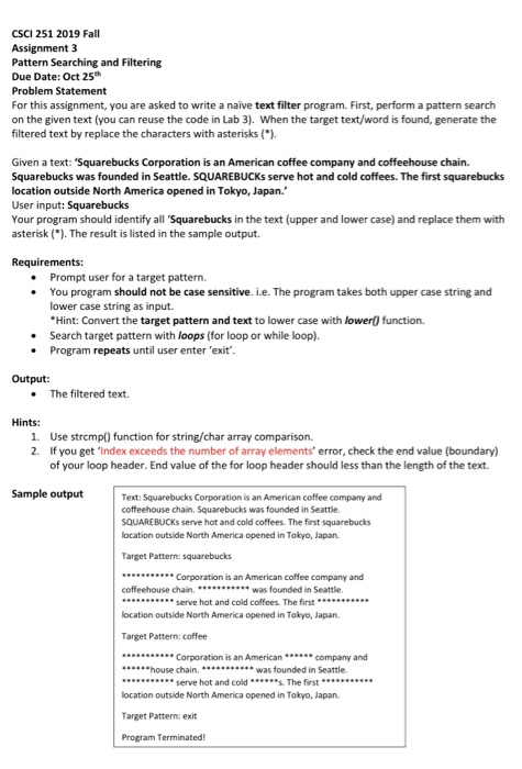 Solved Csci 251 2019 Fall Assignment 3 Pattern Searching And 