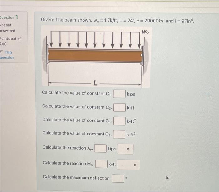Solved Given: The beam shown, w0=1.7k/ft,L=24; E=29000ksi | Chegg.com