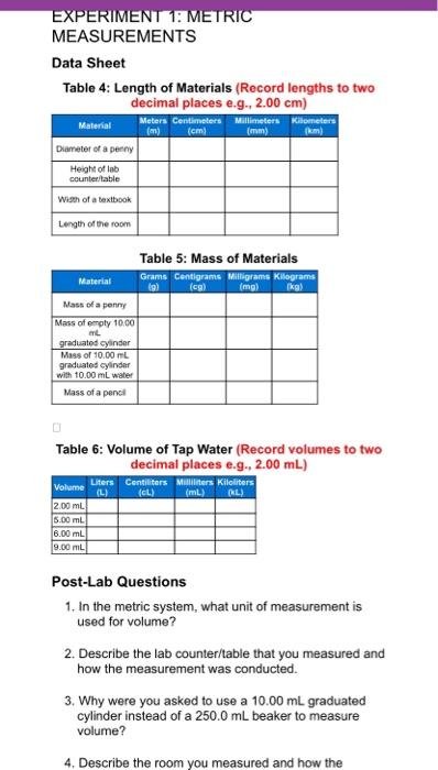 Solved EXPERIMENT 1: METRIC MEASUREMENTS Data Sheet Table 4: | Chegg.com