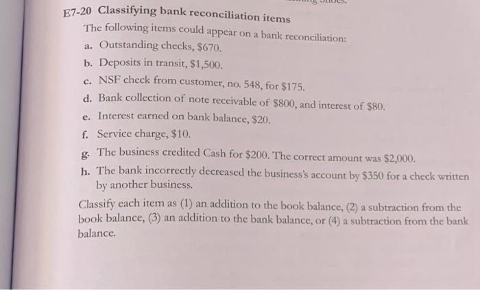 Solved E7-20 Classifying bank reconciliation items The | Chegg.com