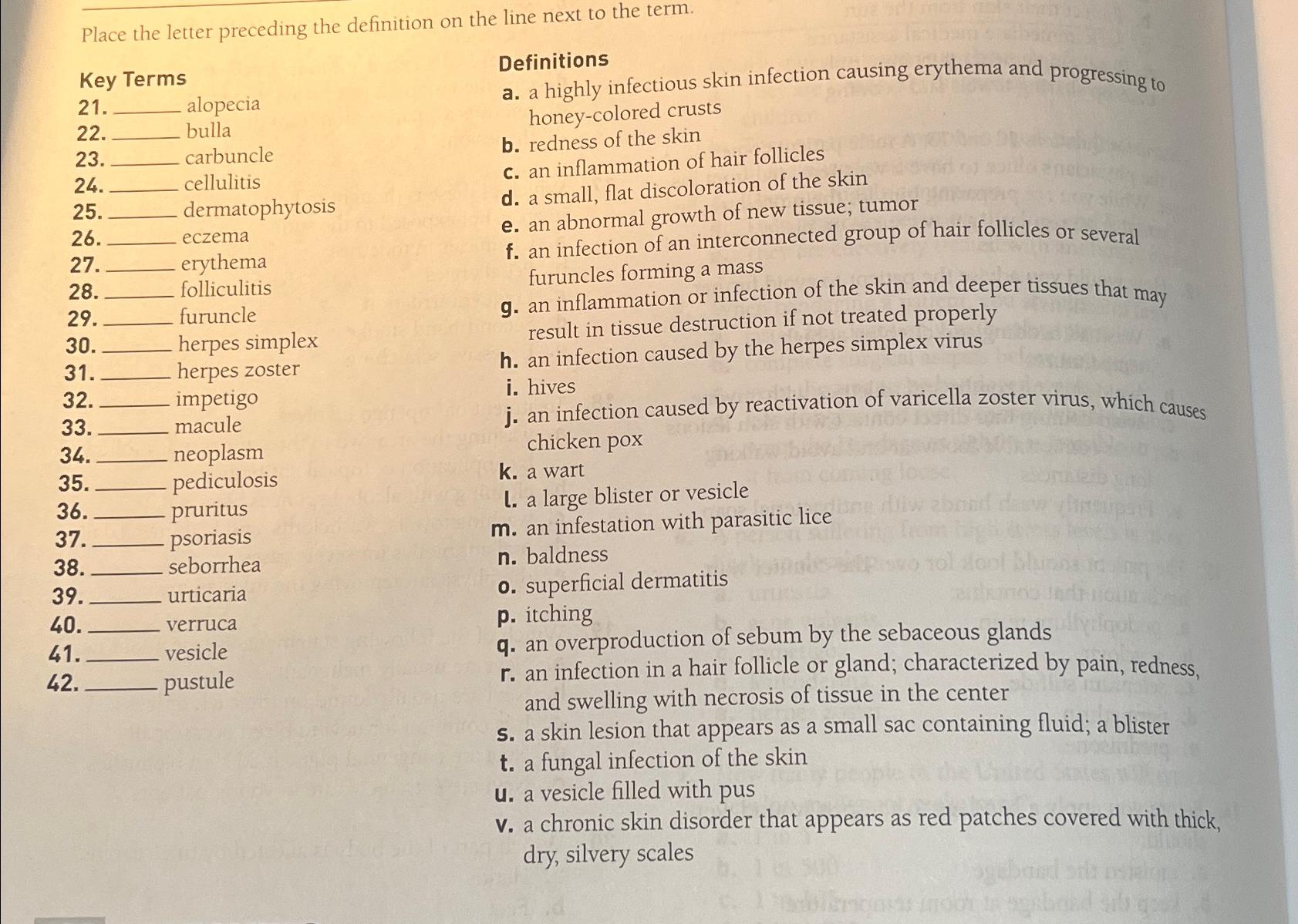 Solved Place the letter preceding the definition on the line | Chegg.com